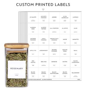 Laramaid 9oz 12Packs Glass Jars Set with Minimalist Spice Labels, Square Spice Jars with Bamboo Lids and White Vinyl Customized Sticker Labels, Food Storage Container Canisters