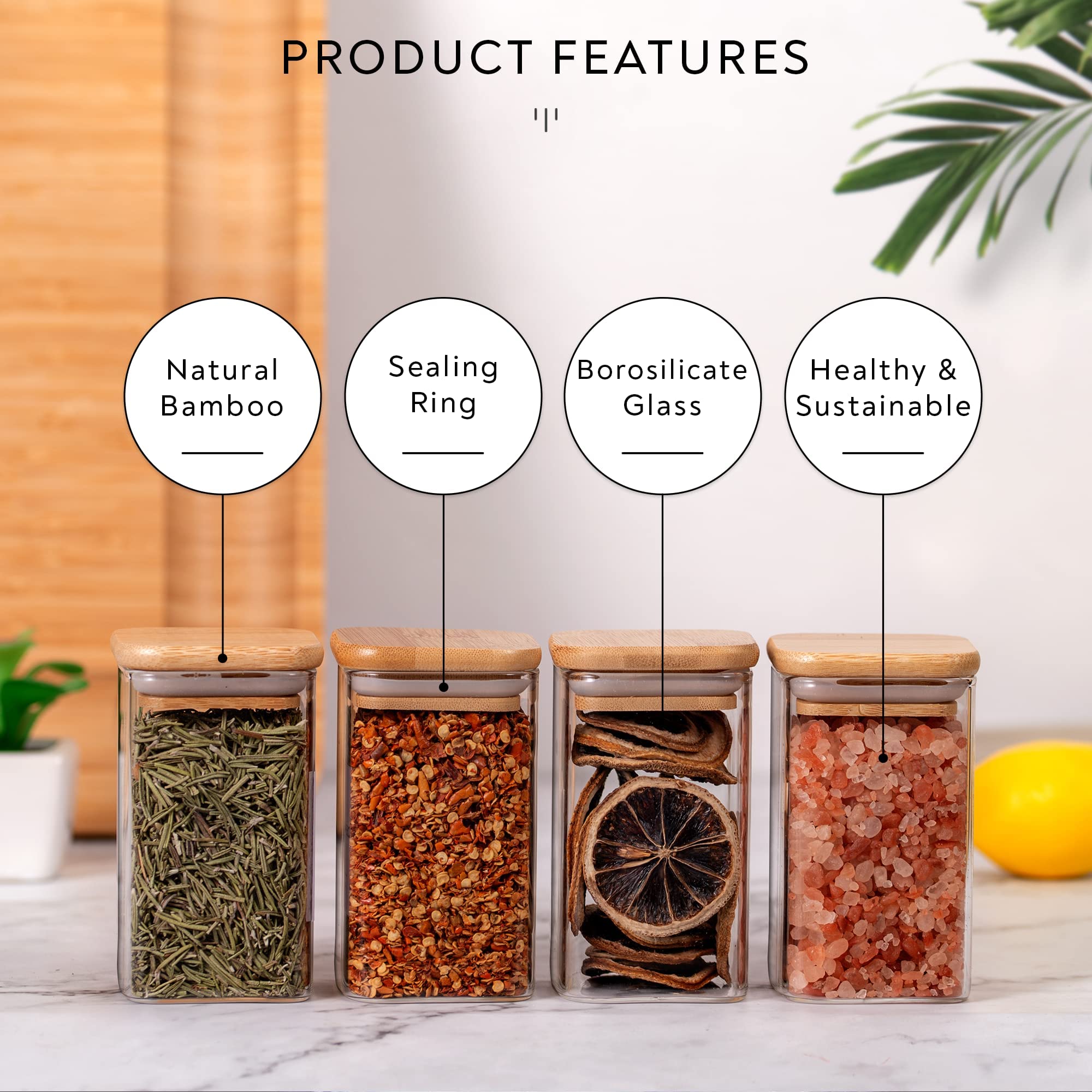 Laramaid 9oz 12Packs Glass Jars Set with Minimalist Spice Labels, Square Spice Jars with Bamboo Lids and White Vinyl Customized Sticker Labels, Food Storage Container Canisters