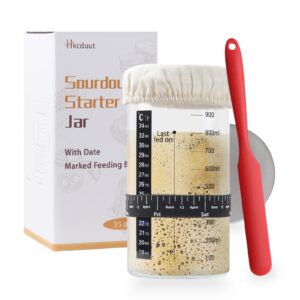 hkcduut sourdough starter jar for sourdough bread baking, sourdough starter kit with date marked feeding band, thermometer, scraper, sourdough container sewn cloth cover & metal lid (1000ml/35oz)