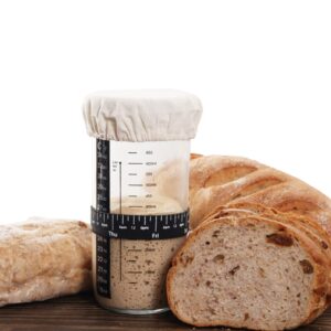 HKCDUUT Sourdough Starter Jar for Sourdough Bread Baking, Sourdough Starter Kit With Date Marked Feeding Band, Thermometer, Scraper, Sourdough Container Sewn Cloth Cover & Metal Lid (1000ml/35Oz)