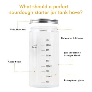 HKCDUUT Sourdough Starter Jar for Sourdough Bread Baking, Sourdough Starter Kit With Date Marked Feeding Band, Thermometer, Scraper, Sourdough Container Sewn Cloth Cover & Metal Lid (1000ml/35Oz)