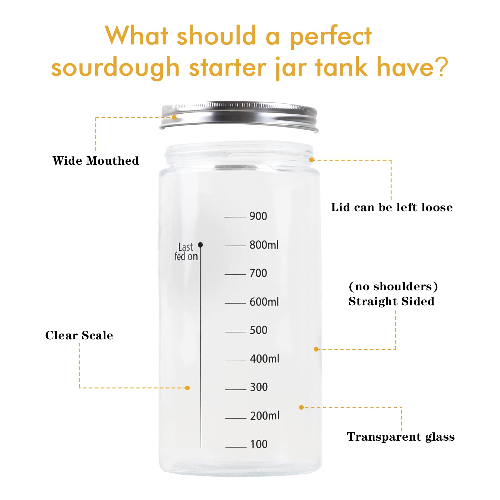 HKCDUUT Sourdough Starter Jar for Sourdough Bread Baking, Sourdough Starter Kit With Date Marked Feeding Band, Thermometer, Scraper, Sourdough Container Sewn Cloth Cover & Metal Lid (1000ml/35Oz)