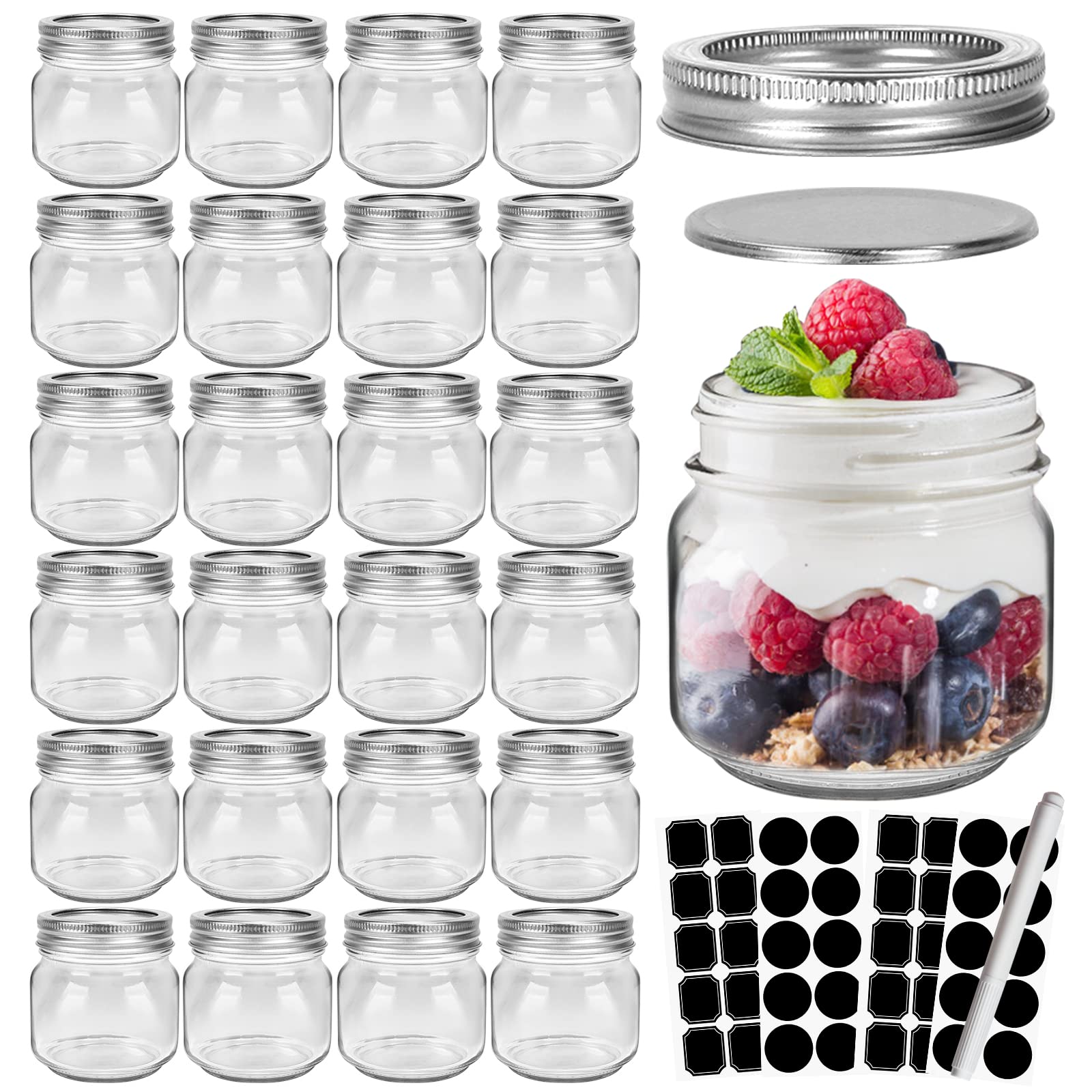 CycleMore 24 Pcs 8oz Clear Glass Mason Jars With Regular Silver Separable Lids, 250ml Round Spice Jars Canning Jars for Honey, Jam, Herb, Wedding Favors, Kitchen Storage, DIY Souvenir