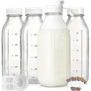 liter glass milk bottles w scale, 100% airtight heavy duty screw lid - 4 pack 32 oz drinking jars w lids - glass bottles for milk, honey, jam - dishwasher safe(extra 2 lids and stickers)