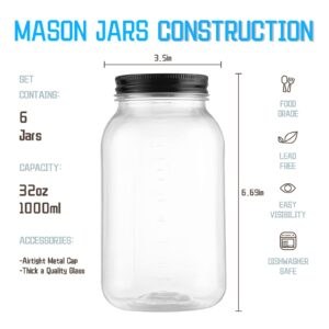 novelinks 32 OZ Clear Plastic Mason Jars with Lids - Dishwasher Safe Plastic Mason Jars 32 OZ Plastic Jars with Lids for Kitchen & Household Storage (6 Pack) (Black)