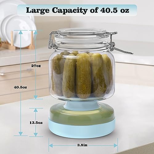 Trtyldt Glass Pickle Jar with Strainer Flip,Hourglass Pickle Juice Separator Jar for Olives,Gherkins or Sliced Pickles, 40.5oz Pickle Container Refrigerator Dishwasher Safe (light blue)