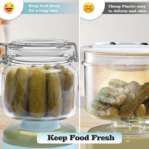 Trtyldt Glass Pickle Jar with Strainer Flip,Hourglass Pickle Juice Separator Jar for Olives,Gherkins or Sliced Pickles, 40.5oz Pickle Container Refrigerator Dishwasher Safe (light blue)