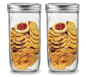 wide mouth mason jars 24 oz - (2 pack) - ball wide mouth 24-ounces pint and a half mason jars with airtight lids and bands - clear glass mason jars for storage, canning, fermenting, overnight oats, cold brew coffee, freezing + m.e.m rubber jar opener incl