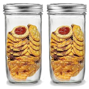 Wide Mouth Mason Jars 24 oz - (2 Pack) - Ball Wide Mouth 24-Ounces Pint and a Half Mason Jars With Airtight lids and Bands - Clear Glass Mason Jars For Storage, Canning, Fermenting, Overnight Oats, Cold Brew Coffee, Freezing + M.E.M Rubber Jar Opener Incl