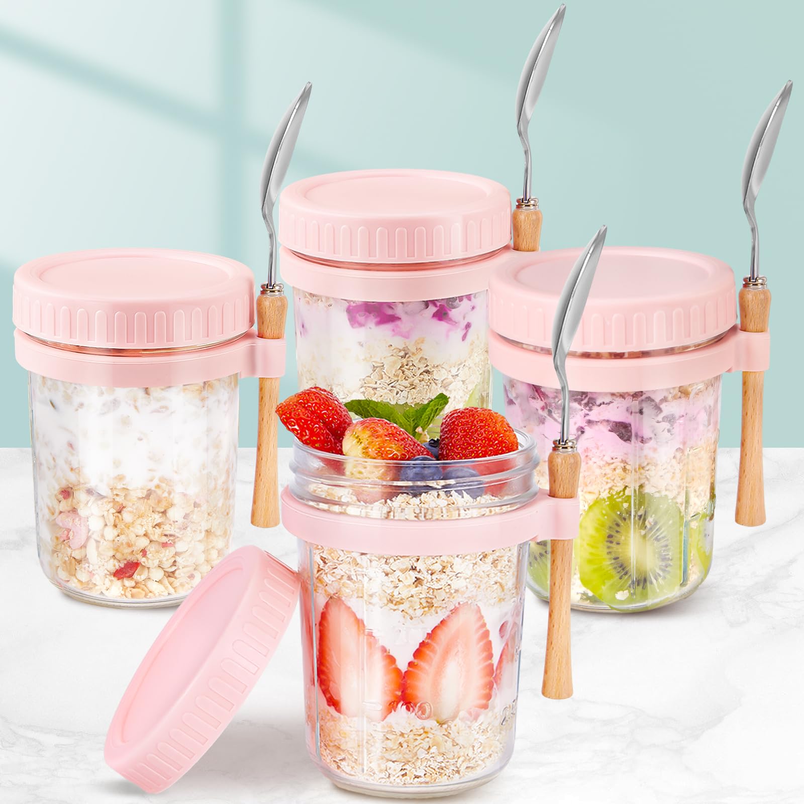 HomArtist Glass Overnight Oats Containers with Lids and Spoon, 16oz Wide Mouth Mason Jars for Overnight Oats, Cereal, Yogurt, Salad Lunch Container with Measurement Marks - Pink 4 Pack