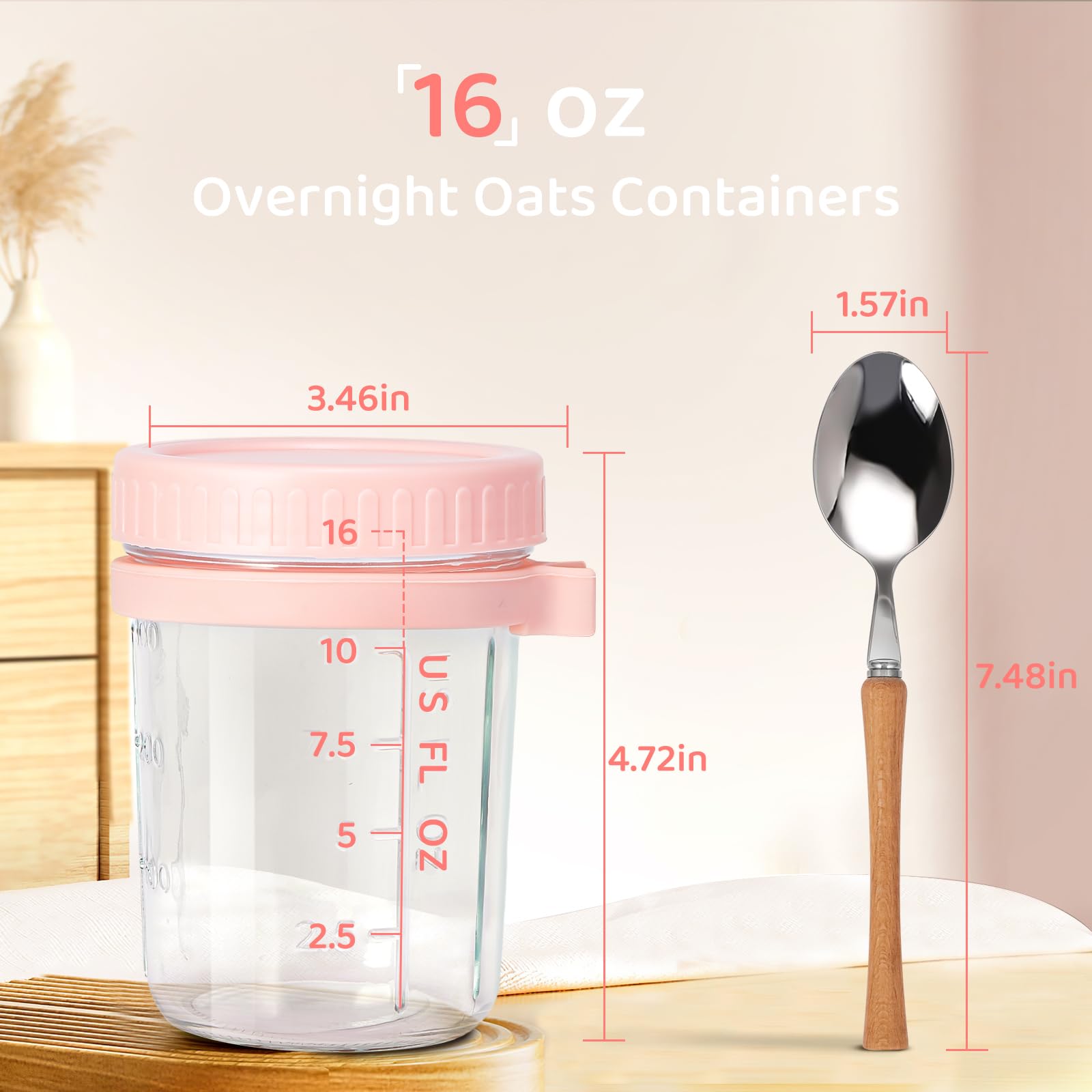 HomArtist Glass Overnight Oats Containers with Lids and Spoon, 16oz Wide Mouth Mason Jars for Overnight Oats, Cereal, Yogurt, Salad Lunch Container with Measurement Marks - Pink 4 Pack