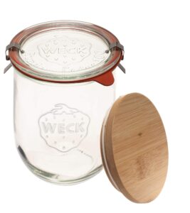 weck jars - 35.9 fl. oz weck tulip jars 1 liter - sour dough starter jars - large glass jars for sourdough - suitable for canning and storage - (1 jar, glass lid & wooden lid)