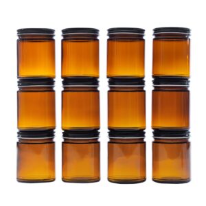 north mountain supply 9 ounce amber glass straight sided mason canning jars - with 70mm black metal lids - case of 12