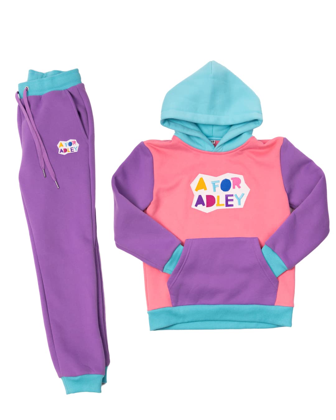 A FOR ADLEY Merch Super Soft Matching Color Block Fleece Set With Embroidered Logo on Top and Bottom (as1, alpha, s, regular)