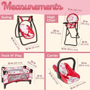 Litti Pritti Baby Doll Accessories Set - 4-Piece Baby Doll Furniture Set for 18 inch Dolls - Baby Doll Nursery Playset includes Baby Doll Swing, High Chair, Pack-N-Play & Carrier - Baby Doll Stuff