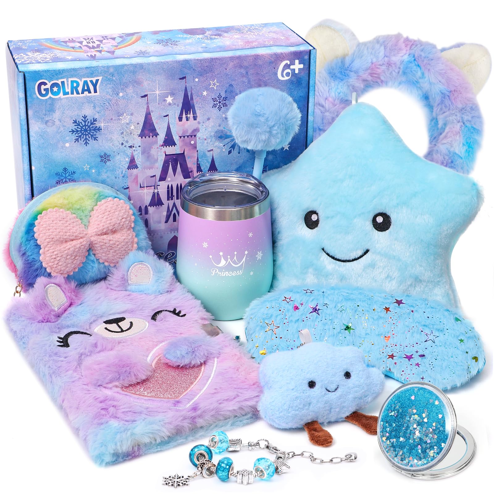 Golray Frozen Toys for Girls Kids Elsa Gift 6 7 8 9 10 Years Old, Light Up Pillow Stationery Plush Lock Diary Water Cup Fluffy Accessories Teen Princess Toy Christmas Birthday Gift for Girl Age 6+