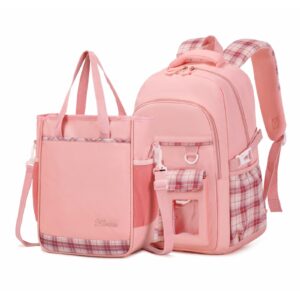 pig pig girl girls backpack, 2pcs set school backpack with convertible shoulder tote bag water resistant book bag for primary elementary school,pink