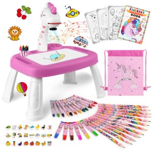 unicorn drawing projector table set for kids girls include unicorn art supplies, pink doodle sketcher table kit toddler tracing and painting projection