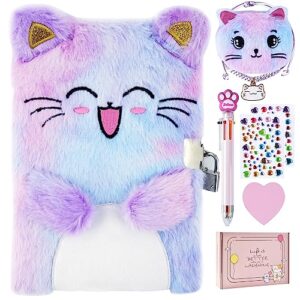 pjdrllc cat diary with lock, gift for 6 7 8 year old girl, secret diary journal notebook with coin purse, bracelet, multicolored pen, post-it note, stickers, practical gift for birthday (a happy cat)