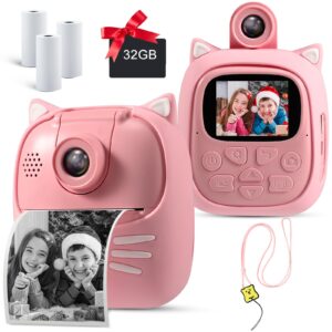 minibear instant print camera for kids camera for girls 50mp kids digital camera, toddler camera travel essential toys christmas birthday gifts for girls and boys kids selfie video camera, pink