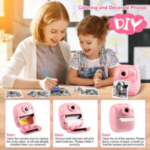 MINIBEAR Instant Print Camera for Kids Camera for Girls 50MP Kids Digital Camera, Toddler Camera Travel Essential Toys Christmas Birthday Gifts for Girls and Boys Kids Selfie Video Camera, Pink