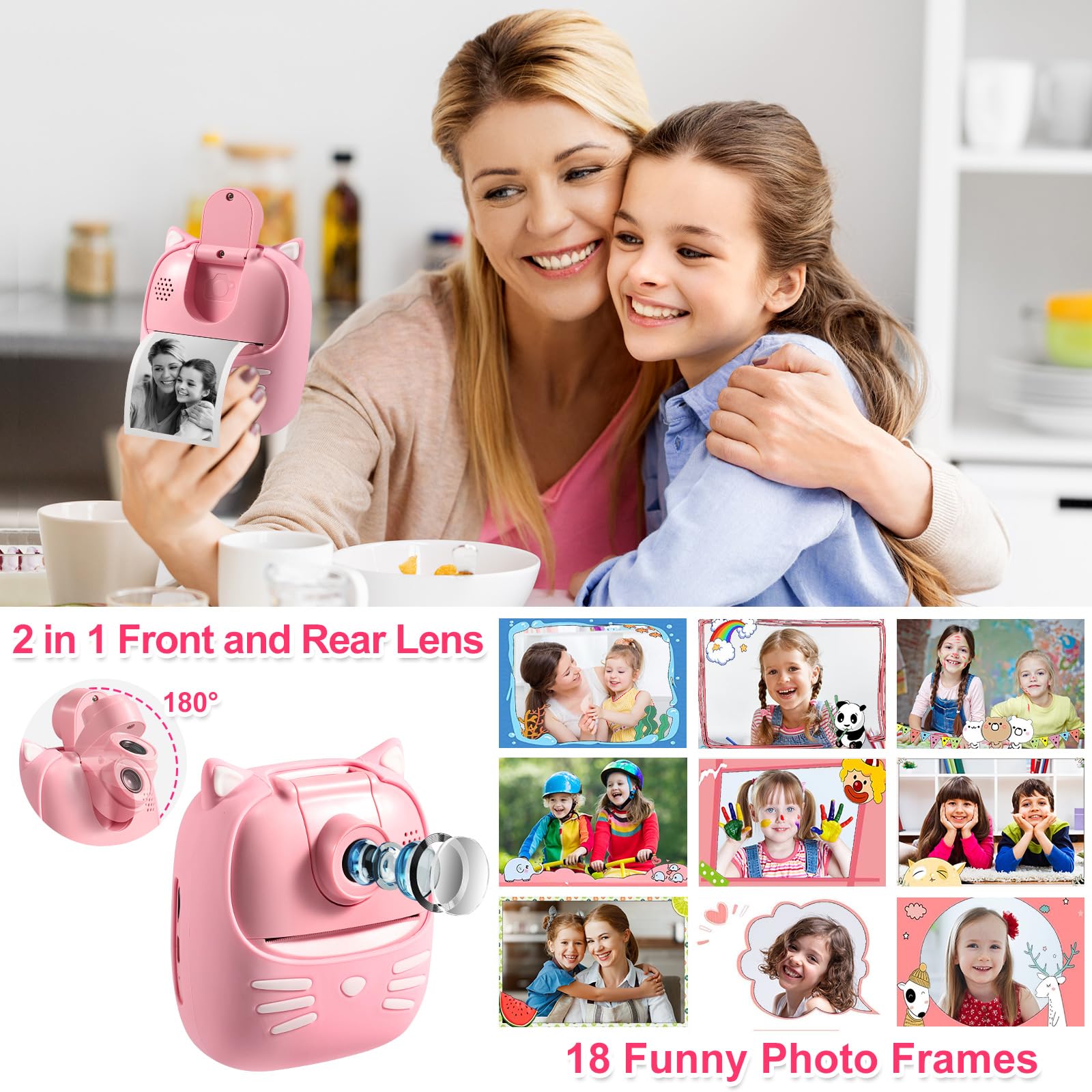 MINIBEAR Instant Print Camera for Kids Camera for Girls 50MP Kids Digital Camera, Toddler Camera Travel Essential Toys Christmas Birthday Gifts for Girls and Boys Kids Selfie Video Camera, Pink