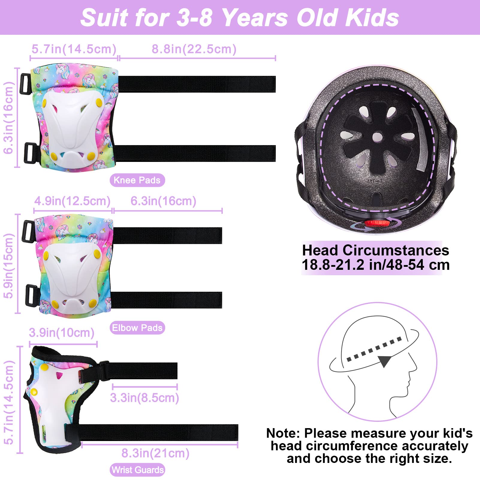 Kids Helmet, Toddler Bike Helmet with DIY Stickers Unicorn Knee Pads and Elbow Pads Set Adjustable Protective Gear Set for Girls Age 3-5-8 Years