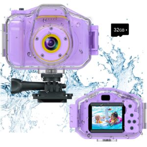 agoigo kids waterproof underwater camera toys for 3-12 year old boys girls christmas birthday gifts children hd video digital cameras 2 inch ips screen with 32gb card (purple)