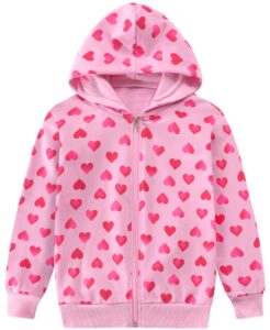 kids girls zip-up jacket toddler hoodies long sleeve heart print hooded sweatshirt cute sweater cotton tee shirt top fall winter clothes valentine's day outfit for girls size 7