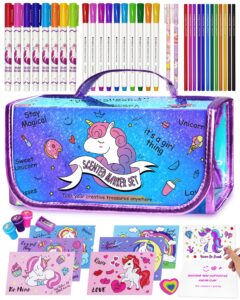 weirtoya washable fruit scented markers set with unicorn pencil case stationery set valentine's day gifts unicorn toys birthday gifts for girls 4-9 years valentine craft magical unicorn