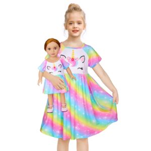 mhjy doll and girl matching nightgowns unicorn pajamas night dress for girls and american 18" girl doll clothes,8-9 years,rainbow