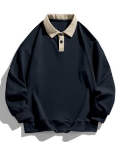 zaful men's long sleeve color spliced polo collar sweatshirts casual loose fit lightweight pullover hoodies navy blue