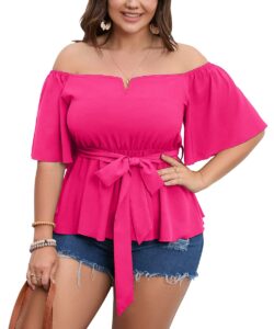 scomchic women's plus size off the shoulder peplum blouse top half bell sleeve tie waist ruffle hem babydoll tops rose red