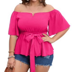 SCOMCHIC Women's Plus Size Off The Shoulder Peplum Blouse Top Half Bell Sleeve Tie Waist Ruffle Hem Babydoll Tops Rose Red