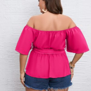 SCOMCHIC Women's Plus Size Off The Shoulder Peplum Blouse Top Half Bell Sleeve Tie Waist Ruffle Hem Babydoll Tops Rose Red