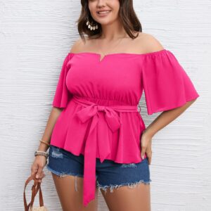 SCOMCHIC Women's Plus Size Off The Shoulder Peplum Blouse Top Half Bell Sleeve Tie Waist Ruffle Hem Babydoll Tops Rose Red