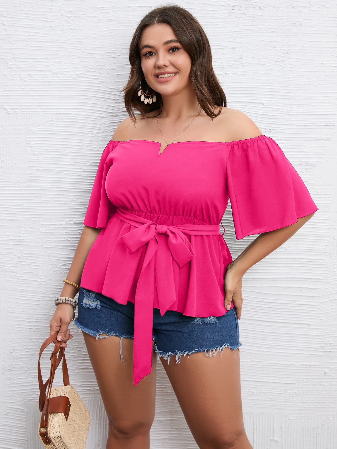 SCOMCHIC Women's Plus Size Off The Shoulder Peplum Blouse Top Half Bell Sleeve Tie Waist Ruffle Hem Babydoll Tops Rose Red