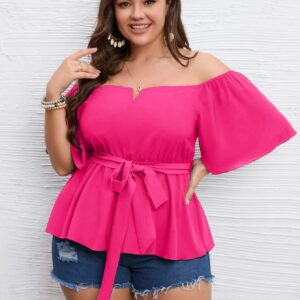 SCOMCHIC Women's Plus Size Off The Shoulder Peplum Blouse Top Half Bell Sleeve Tie Waist Ruffle Hem Babydoll Tops Rose Red