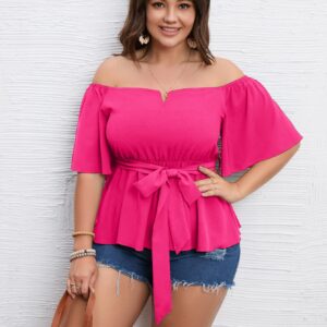 SCOMCHIC Women's Plus Size Off The Shoulder Peplum Blouse Top Half Bell Sleeve Tie Waist Ruffle Hem Babydoll Tops Rose Red