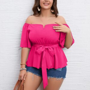 SCOMCHIC Women's Plus Size Off The Shoulder Peplum Blouse Top Half Bell Sleeve Tie Waist Ruffle Hem Babydoll Tops Rose Red