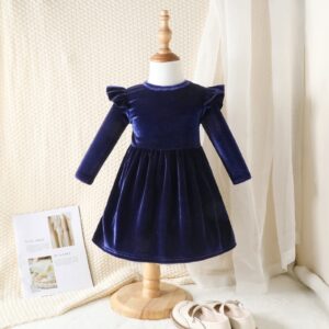 Toddler Baby Girls Velvet Tutu Dress Ruffle Long Sleeve Princess Pageant Christmas Party Wedding Dresses Fall Winter Clothes Infant Kids Birthday Holiday Playwear Dresses Outfit Navy Blue 3-4 Years