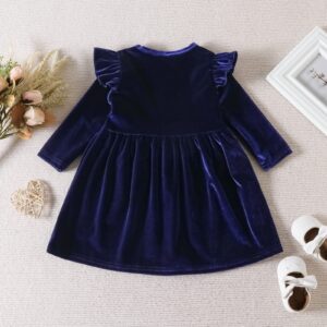 Toddler Baby Girls Velvet Tutu Dress Ruffle Long Sleeve Princess Pageant Christmas Party Wedding Dresses Fall Winter Clothes Infant Kids Birthday Holiday Playwear Dresses Outfit Navy Blue 3-4 Years