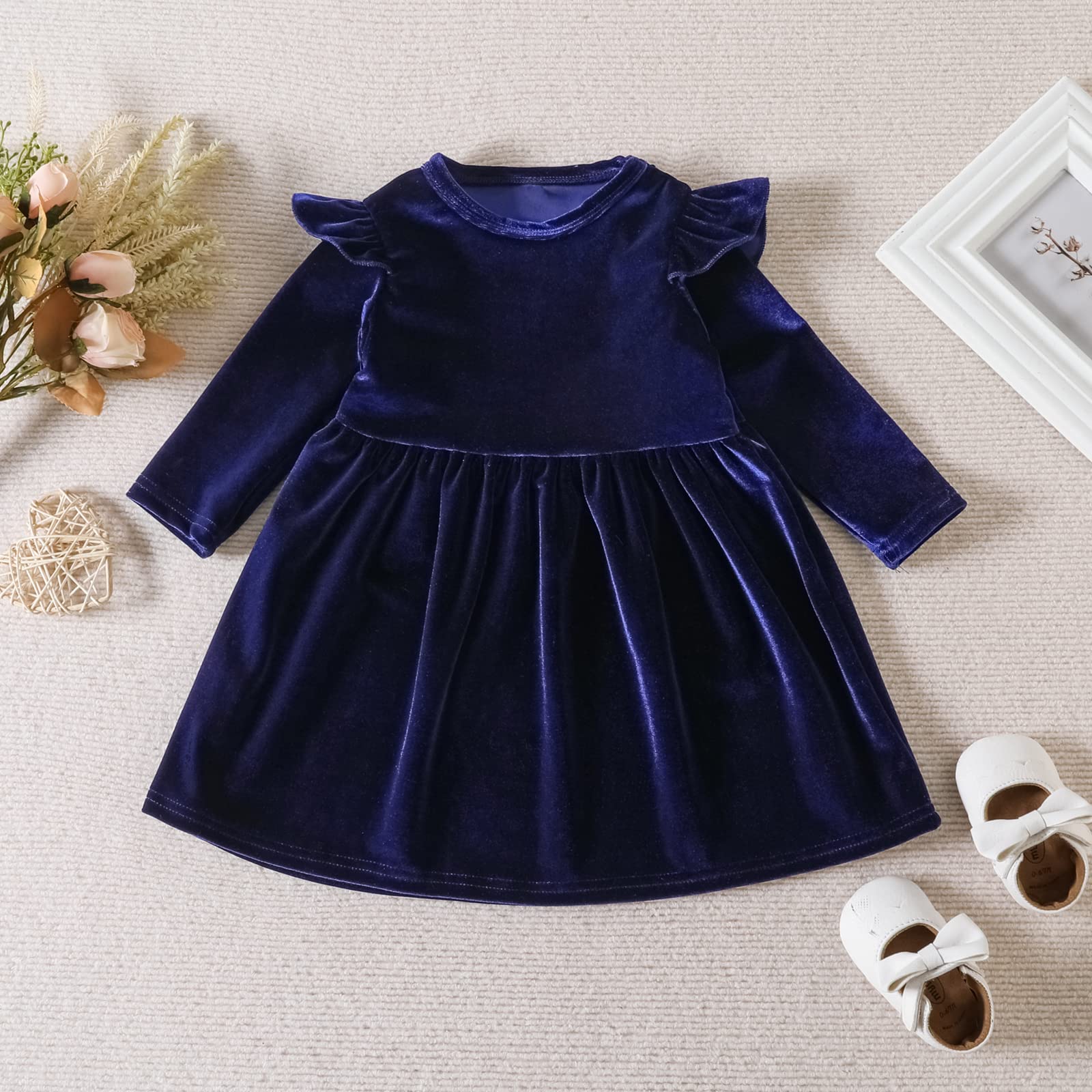 Toddler Baby Girls Velvet Tutu Dress Ruffle Long Sleeve Princess Pageant Christmas Party Wedding Dresses Fall Winter Clothes Infant Kids Birthday Holiday Playwear Dresses Outfit Navy Blue 3-4 Years