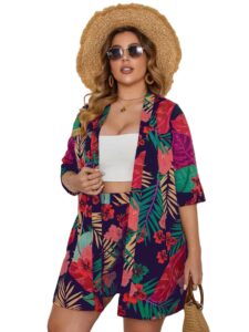 floerns women's plus size 2 piece outfit tropical print kimono top and shorts set navy blue 3xl