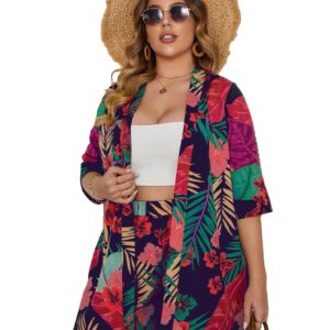 Floerns Women's Plus Size 2 Piece Outfit Tropical Print Kimono Top and Shorts Set Navy Blue 3XL