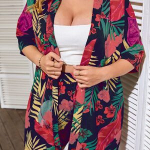 Floerns Women's Plus Size 2 Piece Outfit Tropical Print Kimono Top and Shorts Set Navy Blue 3XL