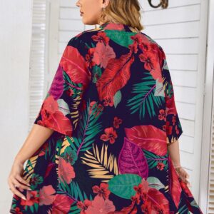 Floerns Women's Plus Size 2 Piece Outfit Tropical Print Kimono Top and Shorts Set Navy Blue 3XL