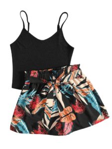 soly hux women's 2 piece outfits summer cami top with shorts set tropical leaf black s