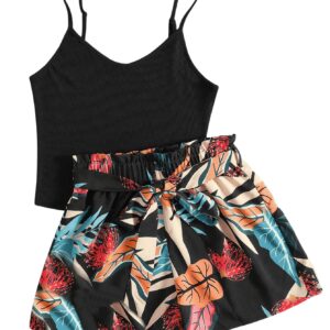 SOLY HUX Women's 2 Piece Outfits Summer Cami Top with Shorts Set Tropical Leaf Black S