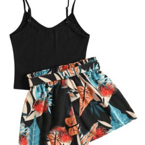 SOLY HUX Women's 2 Piece Outfits Summer Cami Top with Shorts Set Tropical Leaf Black S